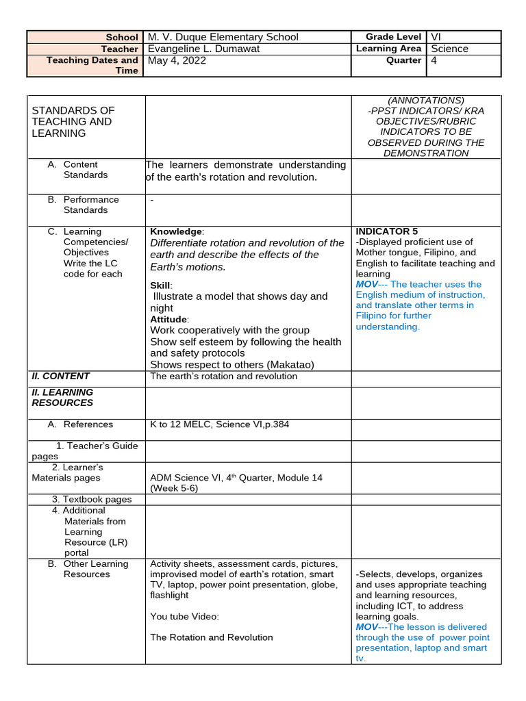 Cot DLP Science-6 Earths-Rotation-Revolution | PDF | Educational Assessment | Learning