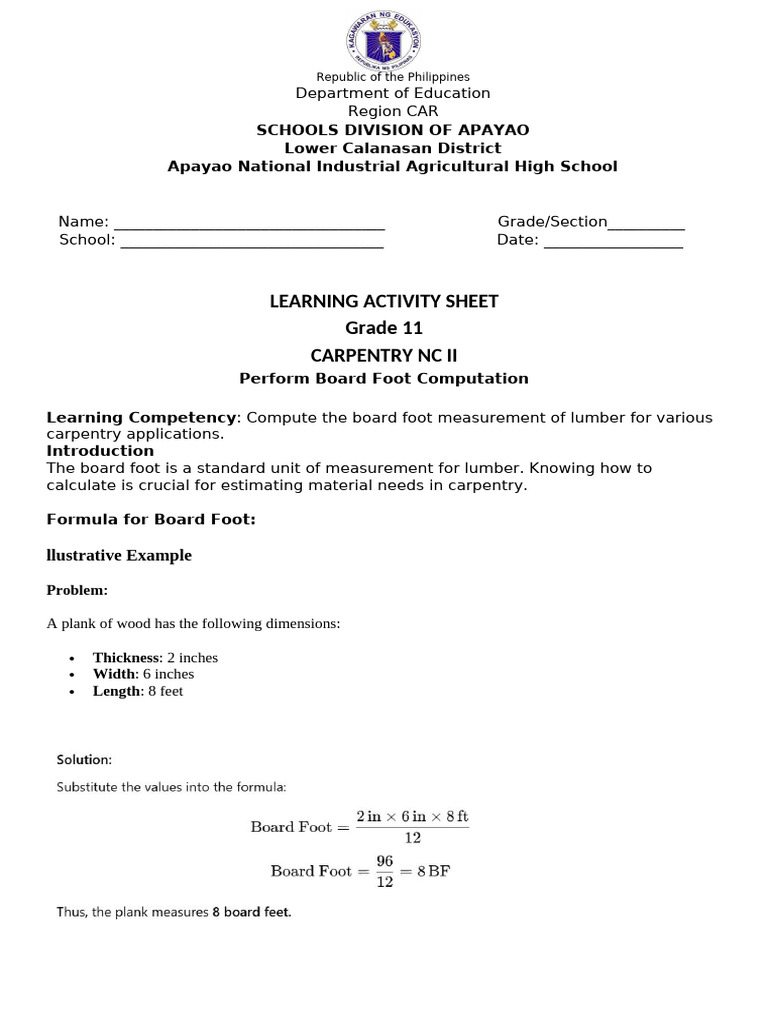 Learning Activity Sheet Carpentry 11 q2 Week 5 | PDF | Foot (Unit) | Lumber