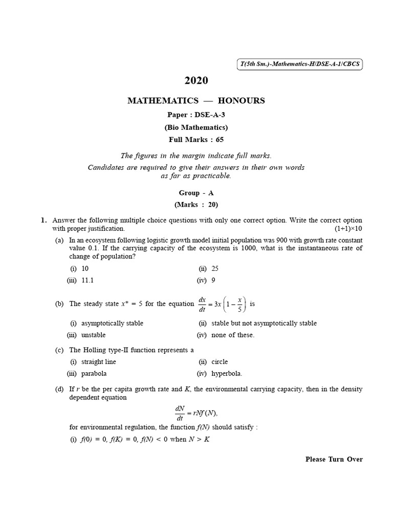 Bio Mathematics Exam Paper | PDF | Stability Theory | Applied Mathematics