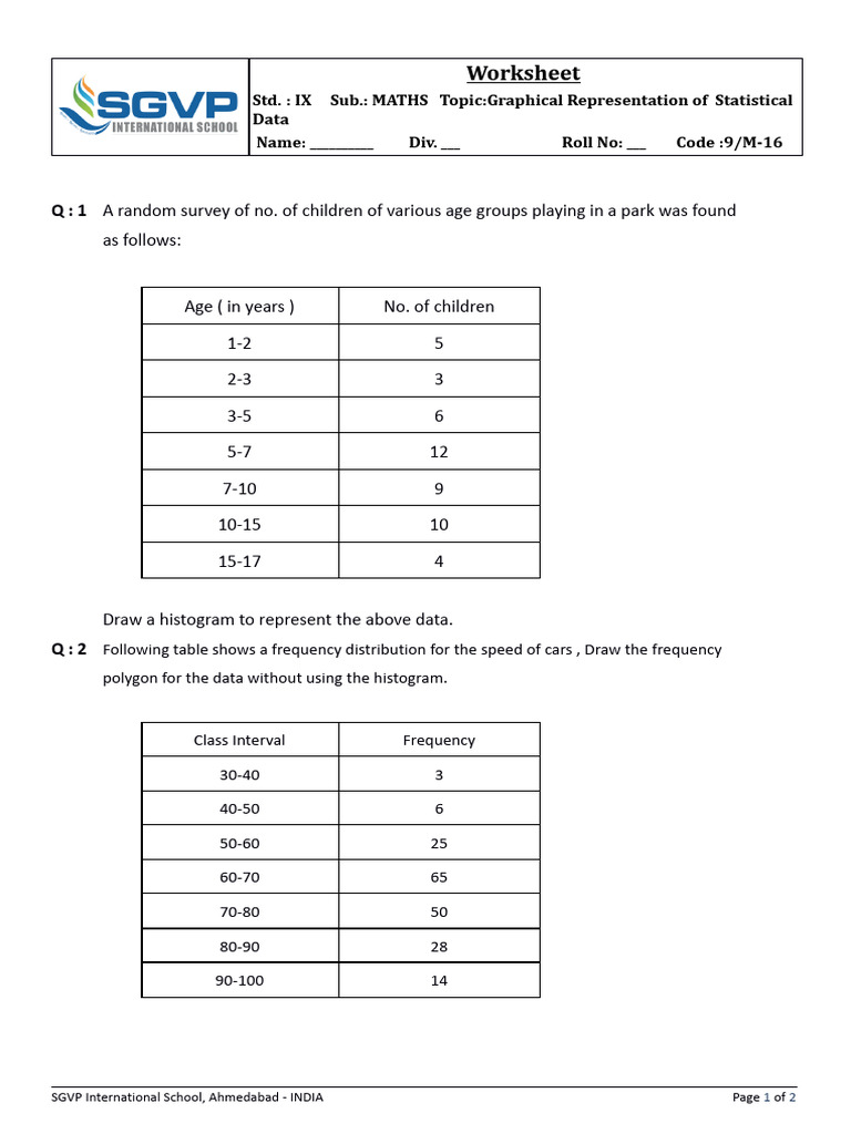 9 - Maths - WS - CH 16 Graphical Representation of Statistical Data | PDF