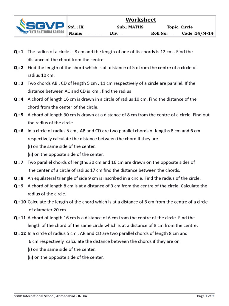 9 - Maths - WS - CH 15 Circle | PDF