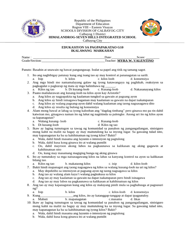 Esp 10 Q2 Exam - 121054 | PDF