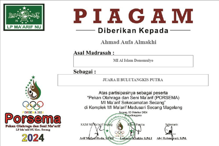 Piagam Porsema __Nama Lengkap__ (1) | PDF