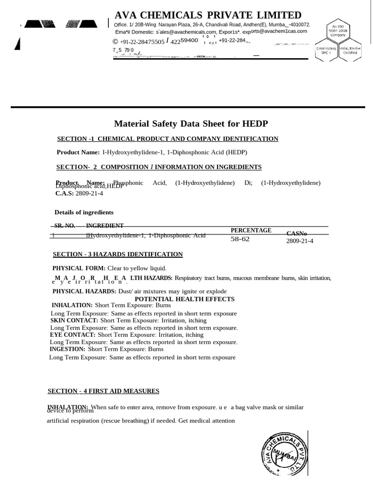 HEDP Material Safety Data Sheet | PDF