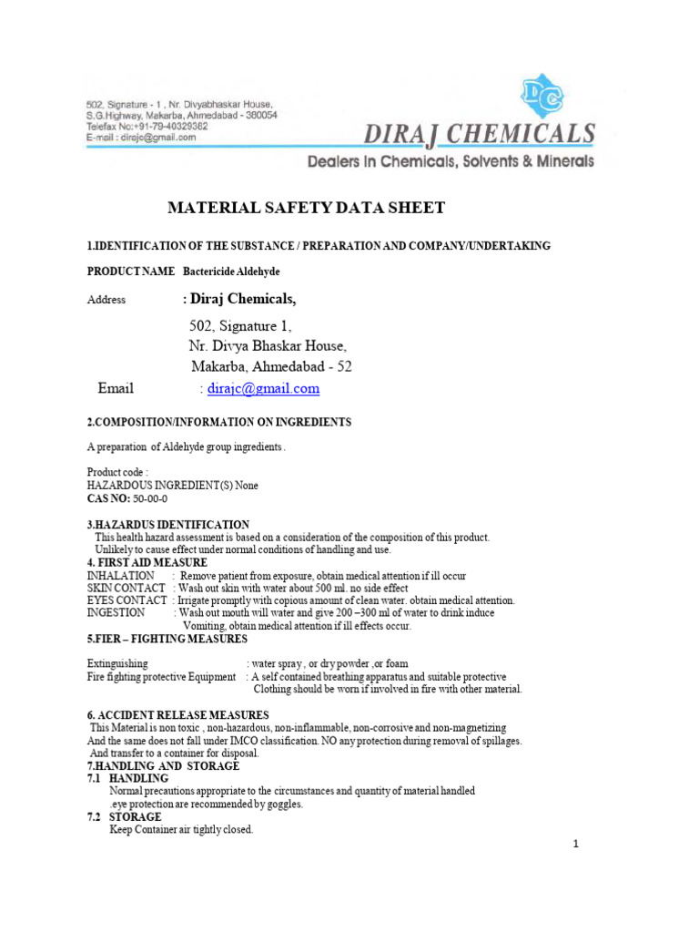 MSDS Bactericide Aldehyde DRJ | PDF | Mercury (Element) | Water