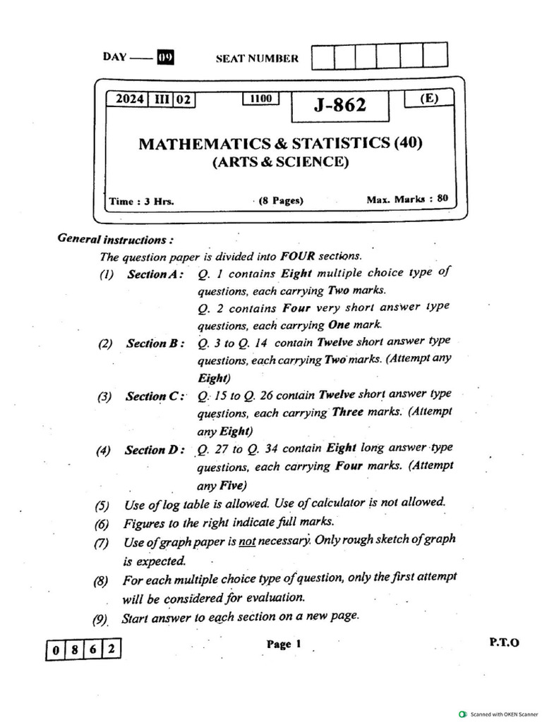 MH Board Class 12 Mathematics and Statistics 40 J 862 2024 | PDF