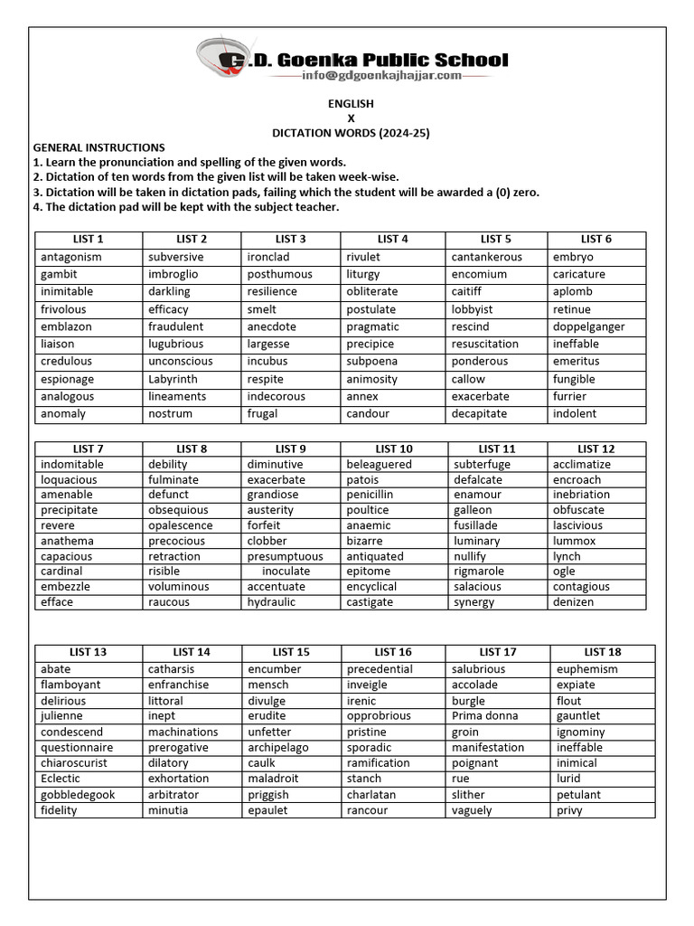 Dictation List Class 10 | PDF