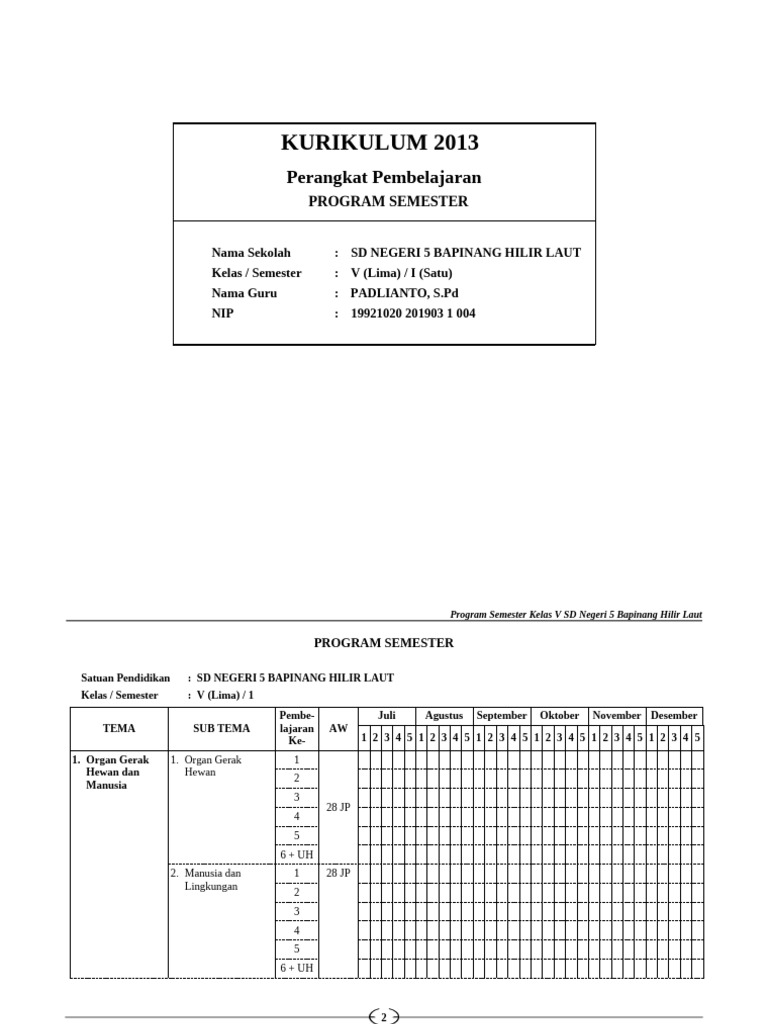 Program Semester Kelas V SDN 5 Bapinang | PDF