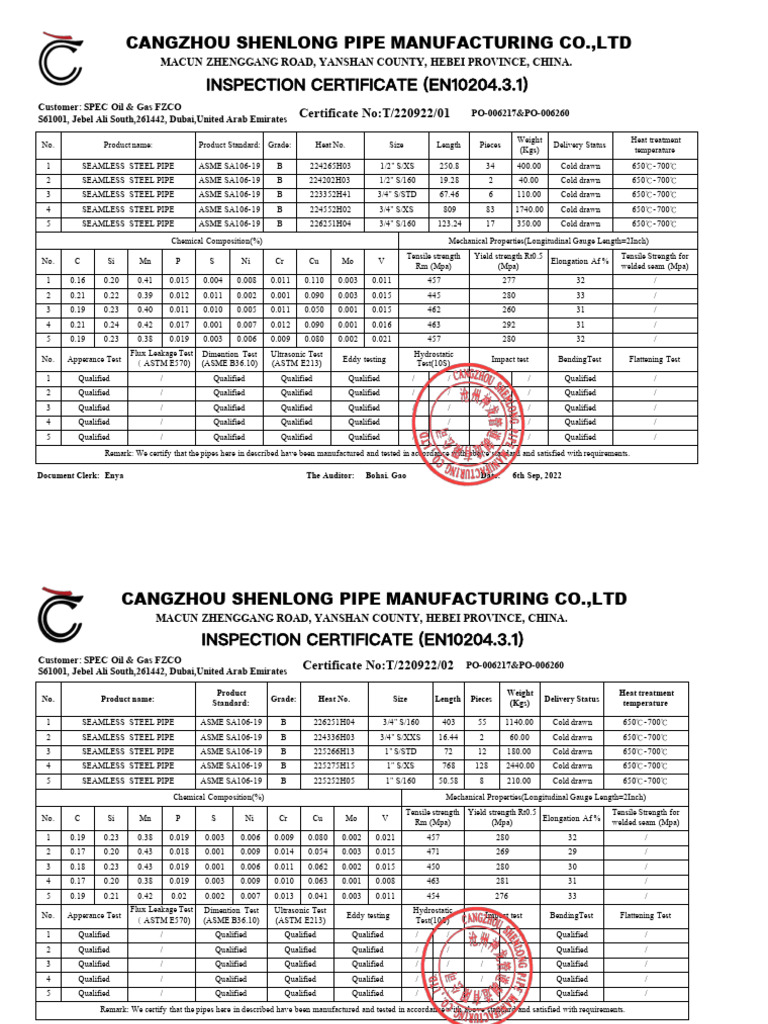 Seamless Steel Pipe Inspection Certificate | PDF | Pipe (Fluid ...