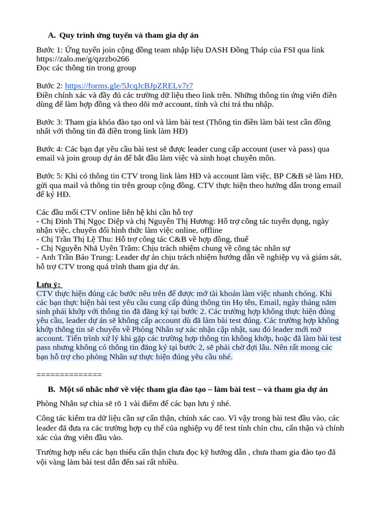 Quy Trinh Ung Tuyen Va Tham Gia Du An DASH ĐTH | PDF