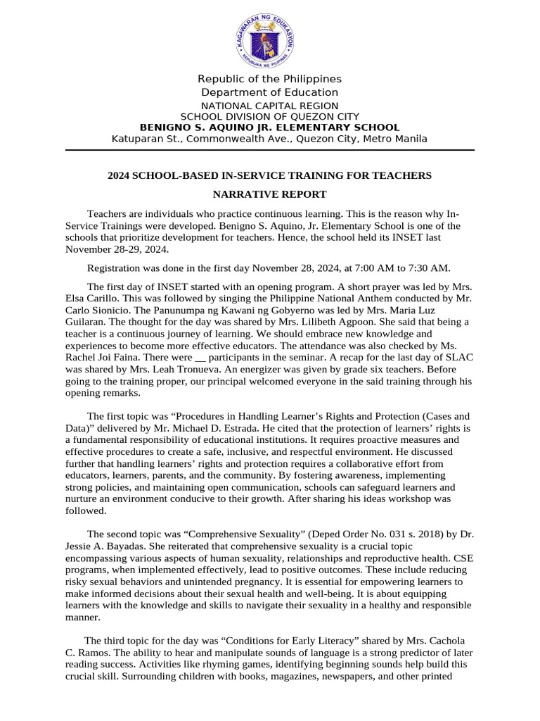 INSET 2024 Narrative Report | PDF | Learning | Teachers