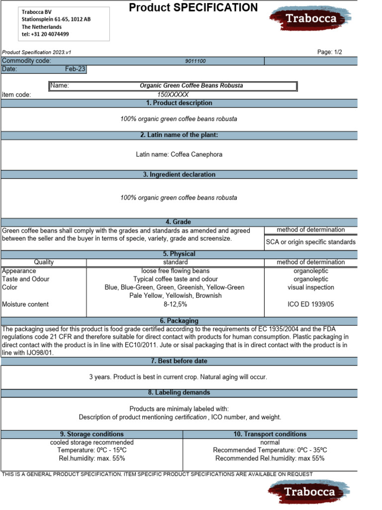 Organic Green Coffee Beans Specs | PDF | Federal Food | Coffee
