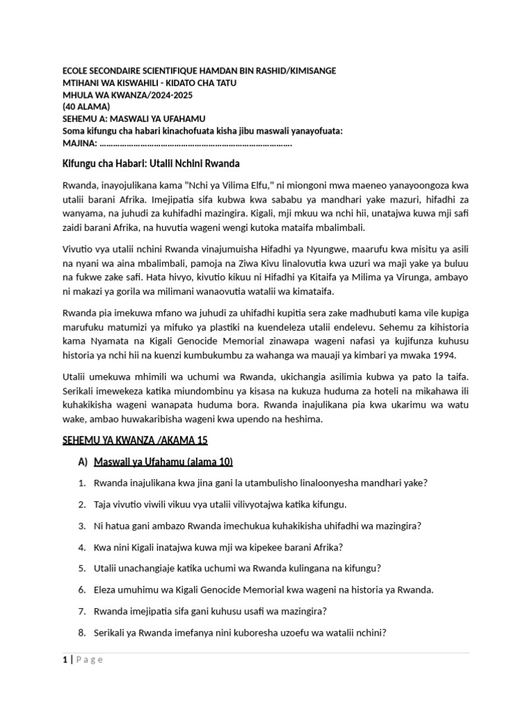 Mtihani Wa Kisw S3 Term 1 2024 | PDF