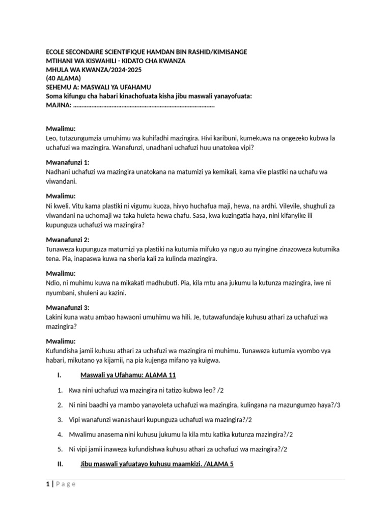 Mtihani Kisw S1 Term1 2024 | PDF