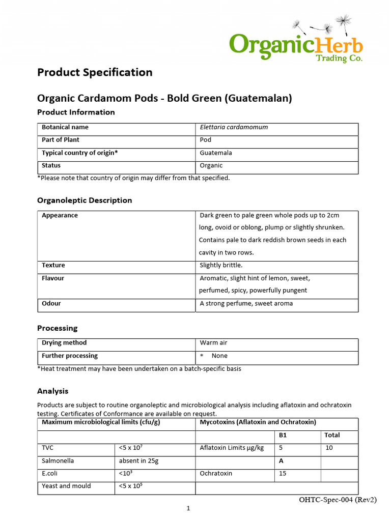 Organic Guatemalan Cardamom Pods Specs | PDF