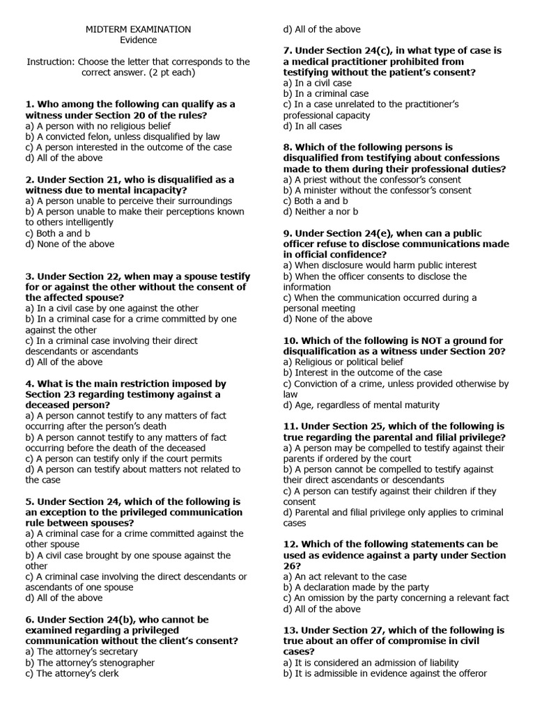 MIDTERM EXAMINATION (Evidence) | PDF | Testimony | Witness