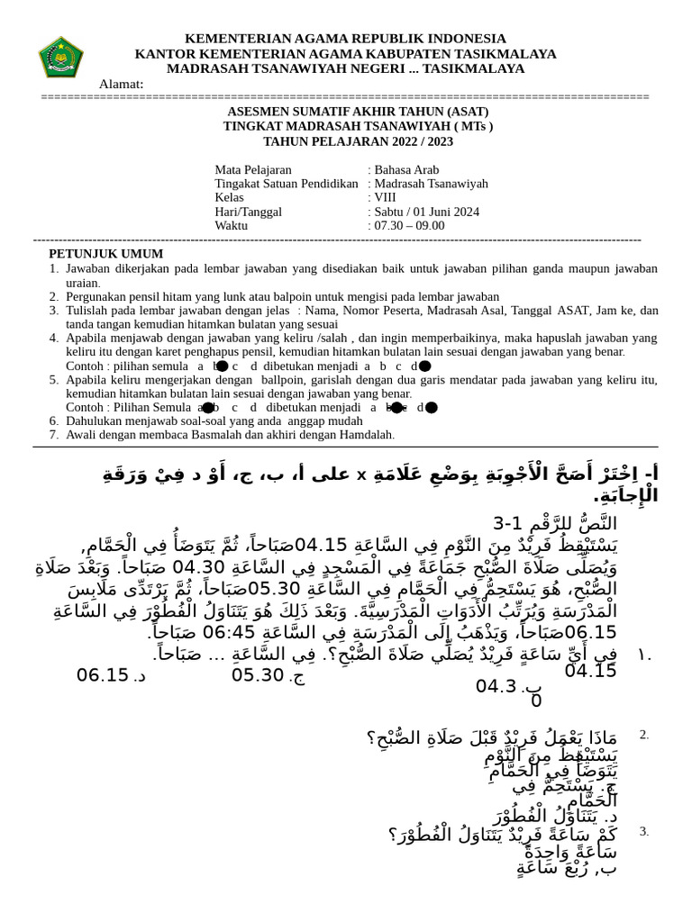 13 SOAL_ASAT B. Arab_kls 8 th 2024 | PDF