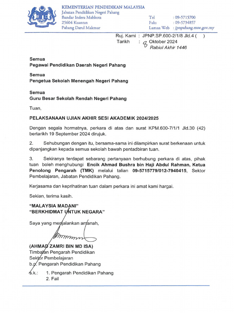 Surat Makluman Pelaksanaan Ujian Akhir Sesi Akademik 2024-2025. Panduan Dan Pengurusan (Sekolah ...