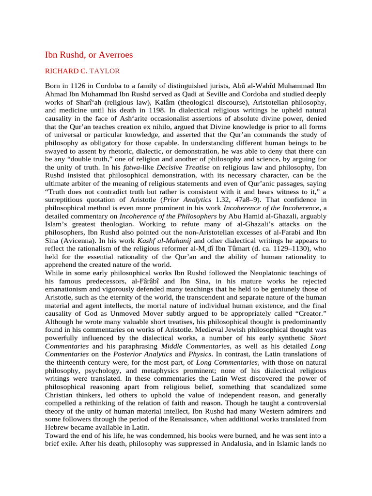 Ibn Rushd: Philosopher of Unity and Reason | PDF
