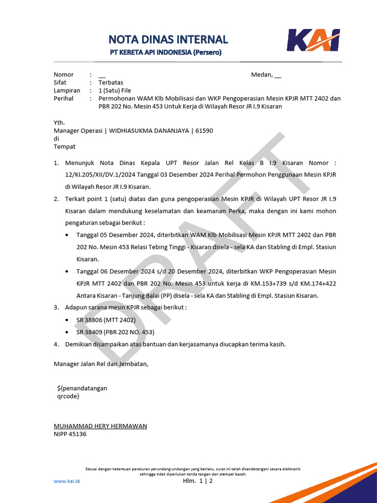 Nota Dinas Internal: PT Kereta Api Indonesia (Persero) | PDF