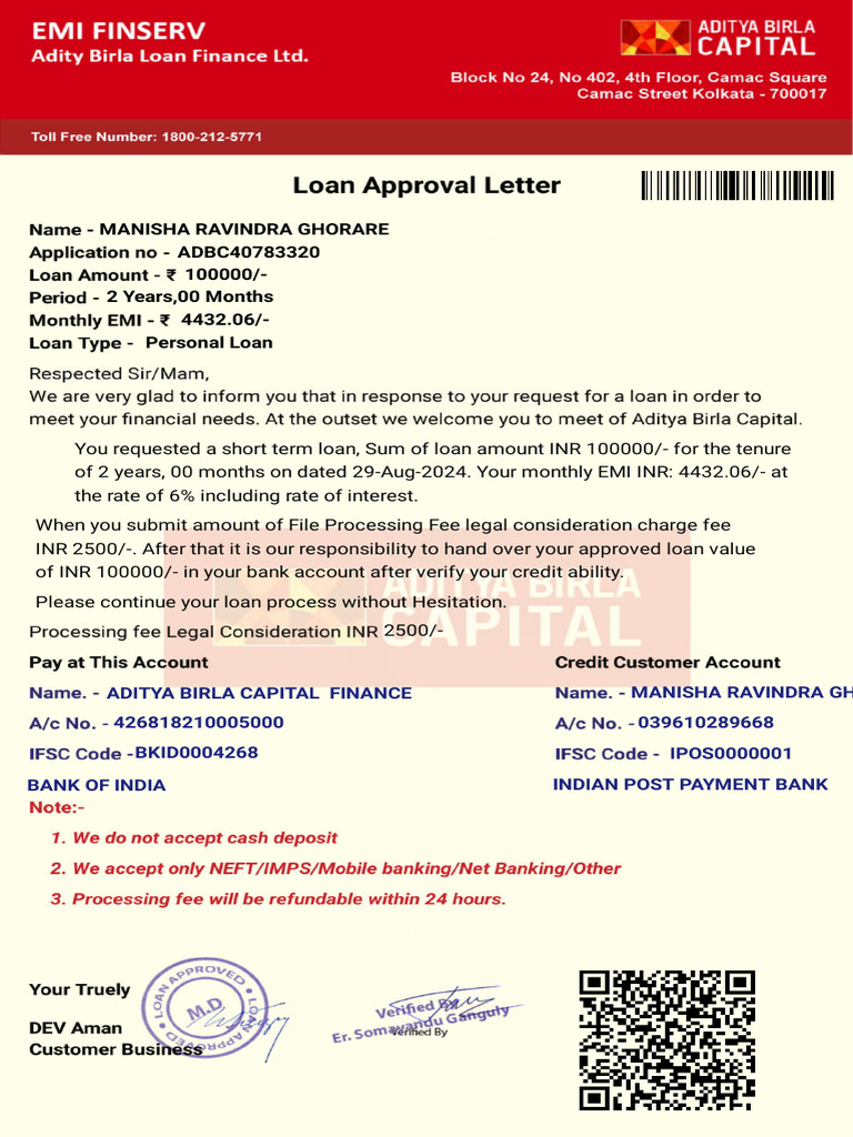 Manisha Ravindra Ghorare ADBC40783320 100000/-2 Years, 00 Months 4432.06/ - Personal Loan | PDF