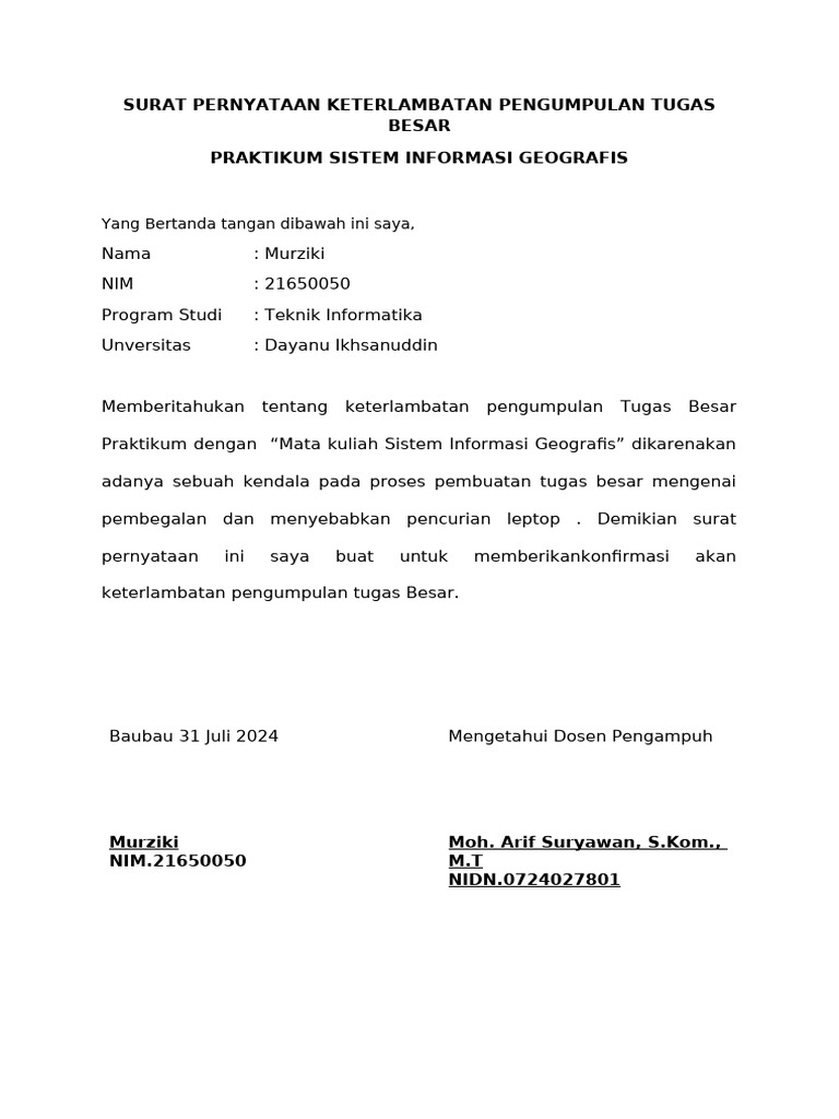 Surat Pernyataan Keterlambatan | PDF