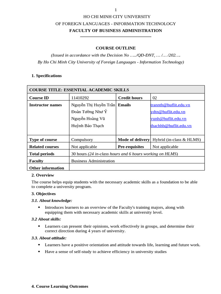 Essential Academic Skills Course Outline | PDF | Academic Integrity ...
