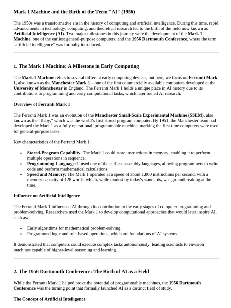 Mark 1 Machine and AI's Origins | PDF | Artificial Intelligence ...