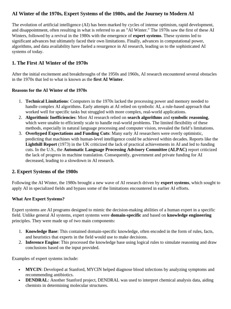 AI Winter of The 1970s, Expert Systems of The 1980s, and The Journey To ...