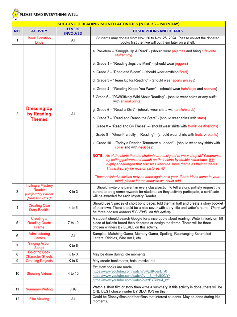 Reading Month Childrens Day Activities | PDF