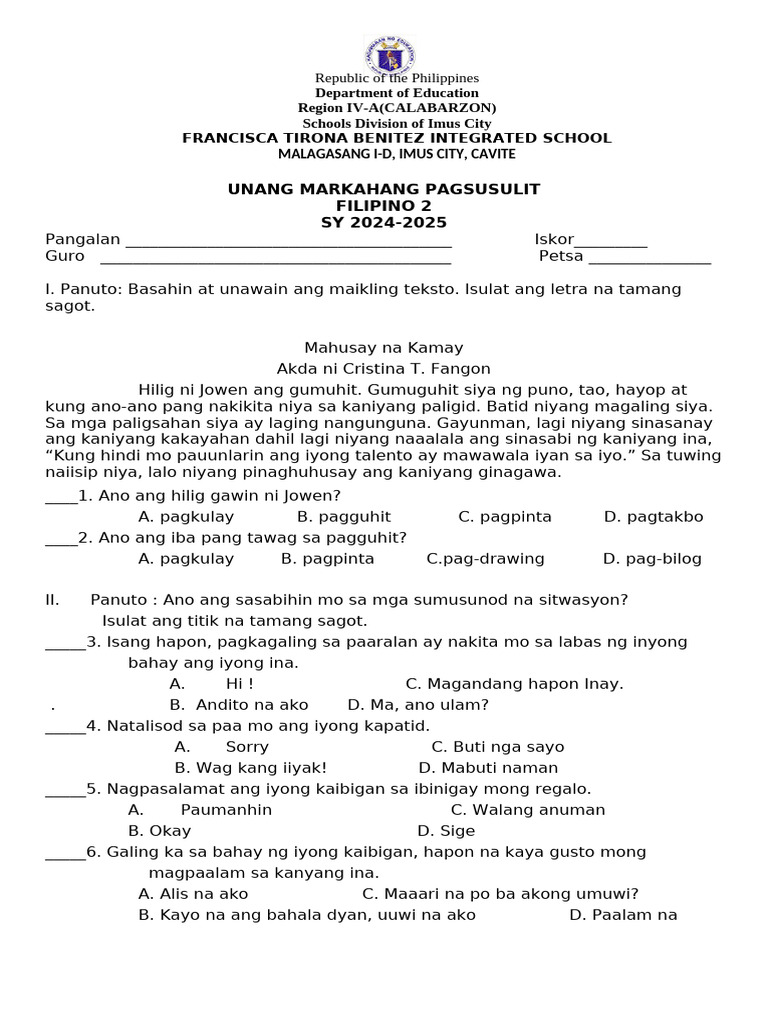 FIRST PERIODICAL TEST in FILIPINO | PDF