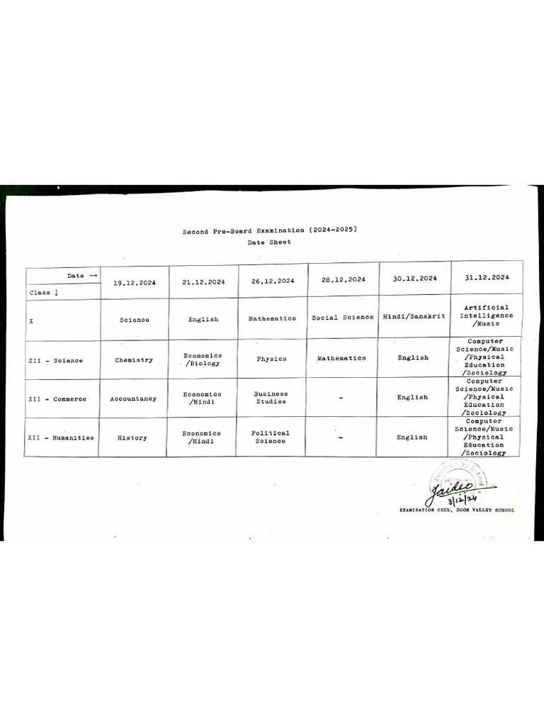 Date Sheet For Second Pre Board Examination | PDF