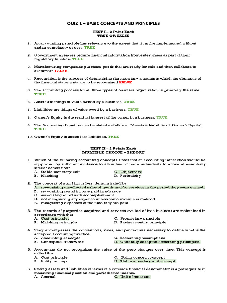 Basic Accounting Concepts Quiz | PDF | Debits And Credits | Equity ...
