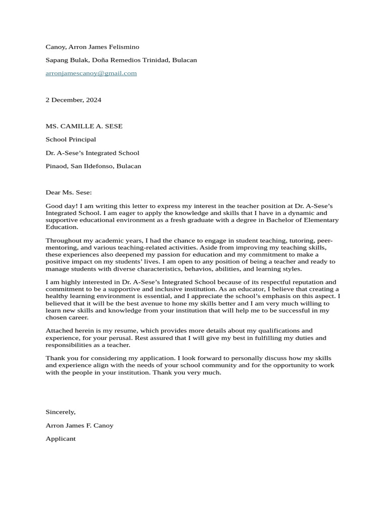 CANOY-ARRON-JAMES-F.-APPLICATION-LETTER-COMA-100 (1) | PDF