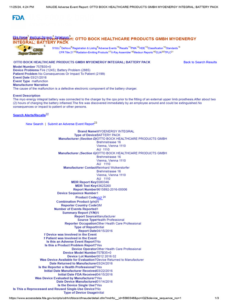 MAUDE Adverse Event Report - OTTO BOCK HEALTHCARE PRODUCTS GMBH MYOENERGY INTEGRAL BATTERY PACK ...