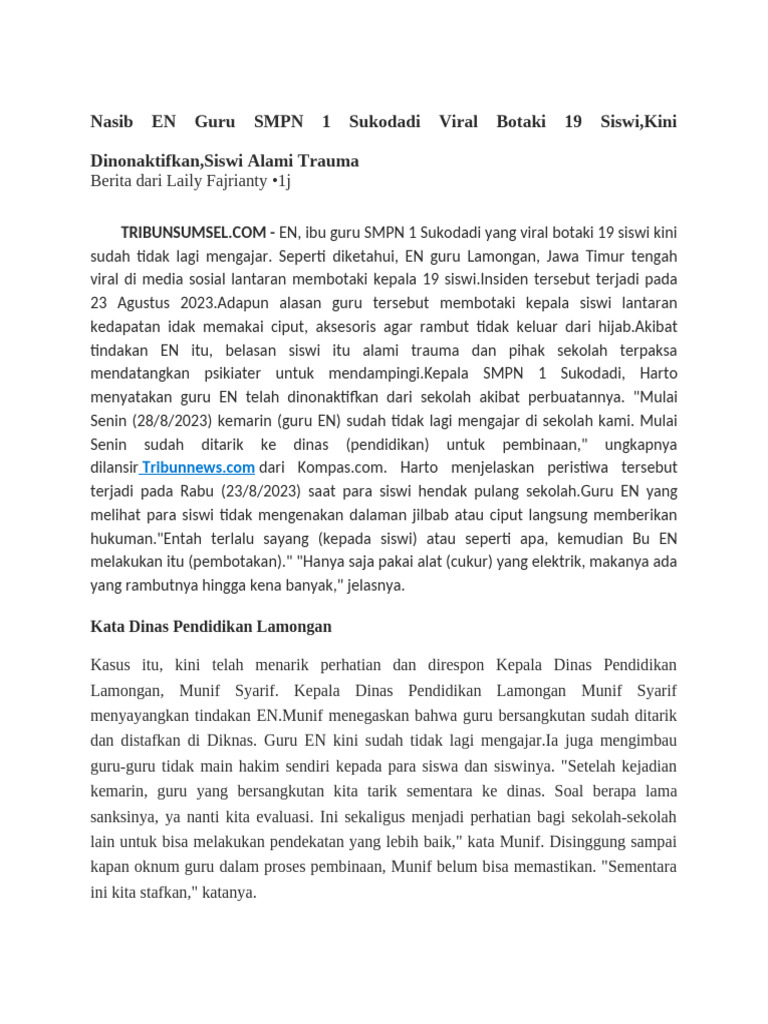 Nasib EN Guru SMPN 1 Sukodadi Viral Botaki 19 Siswi | PDF