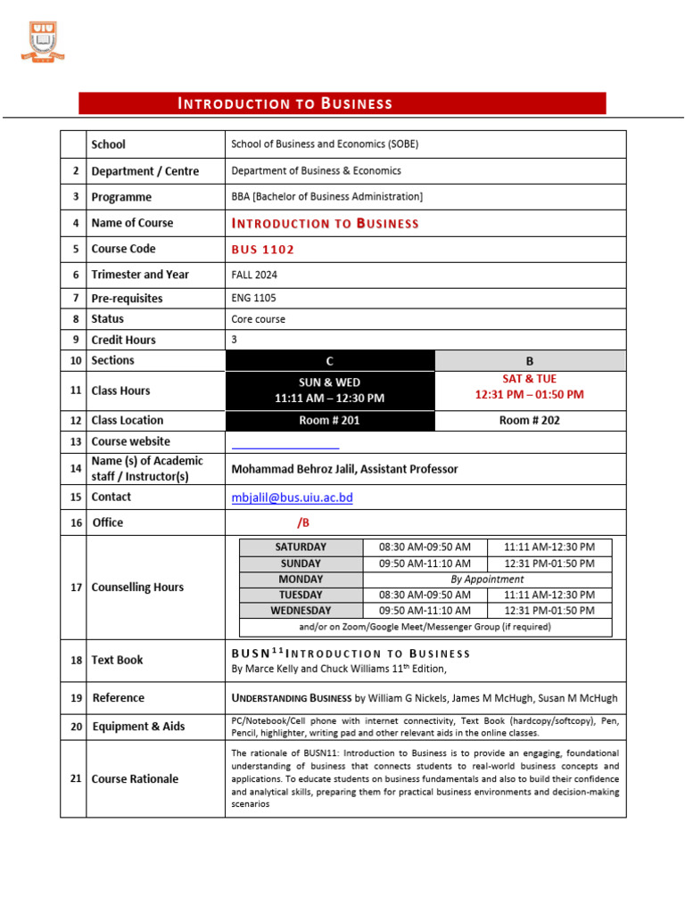 Course Outline-Introduction To Business (BUS 1102) 2403-MBJ | PDF | Marketing | Banks