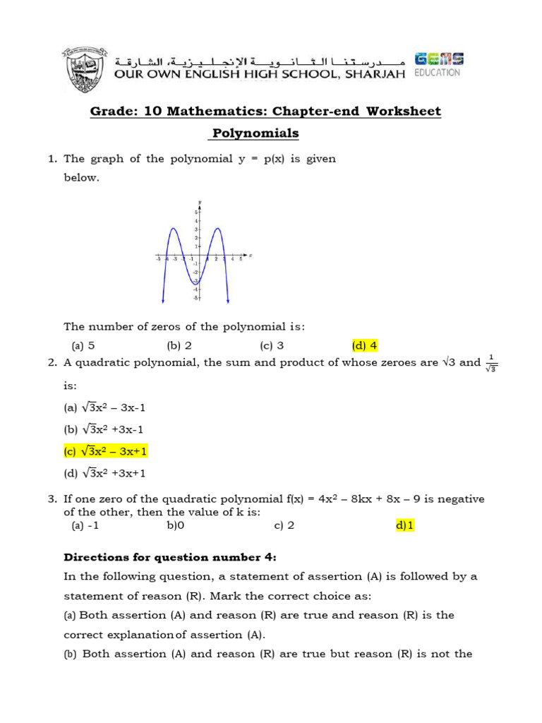 Chapter-End Worksheet - Polynomials | PDF | Polynomial | Numerical Analysis