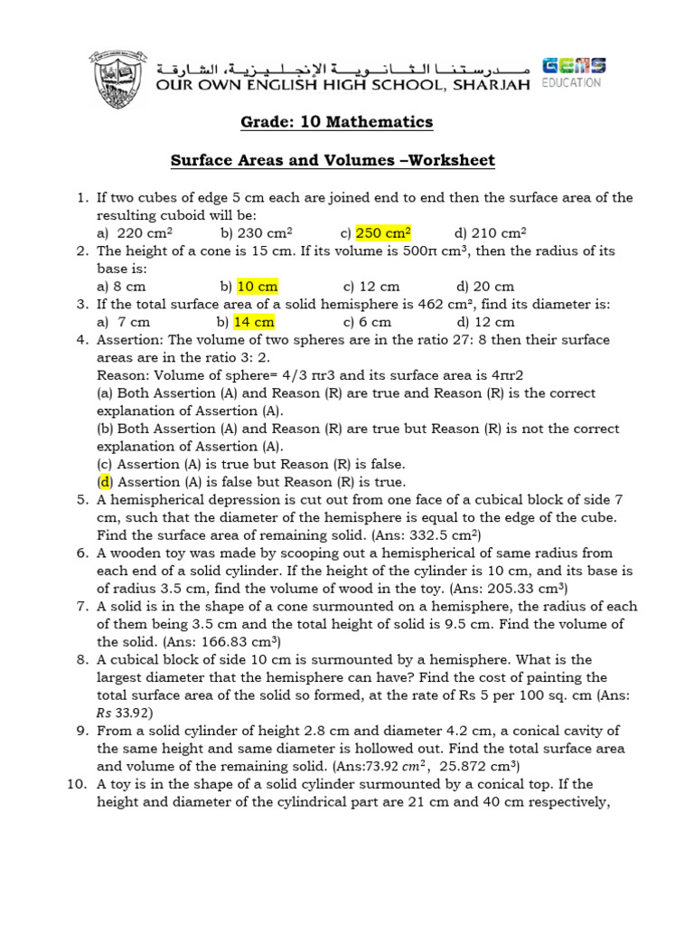 Surface Areas and Volumes Worksheet | PDF | Sphere | Area