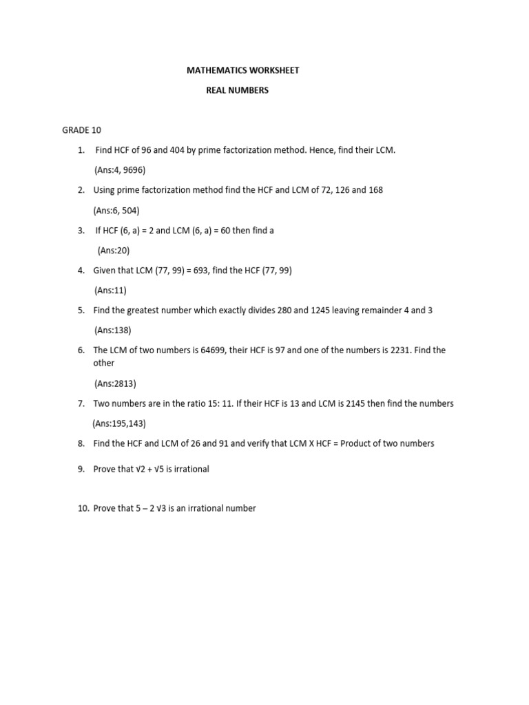Mathematics Worksheet -Real Numbers | PDF
