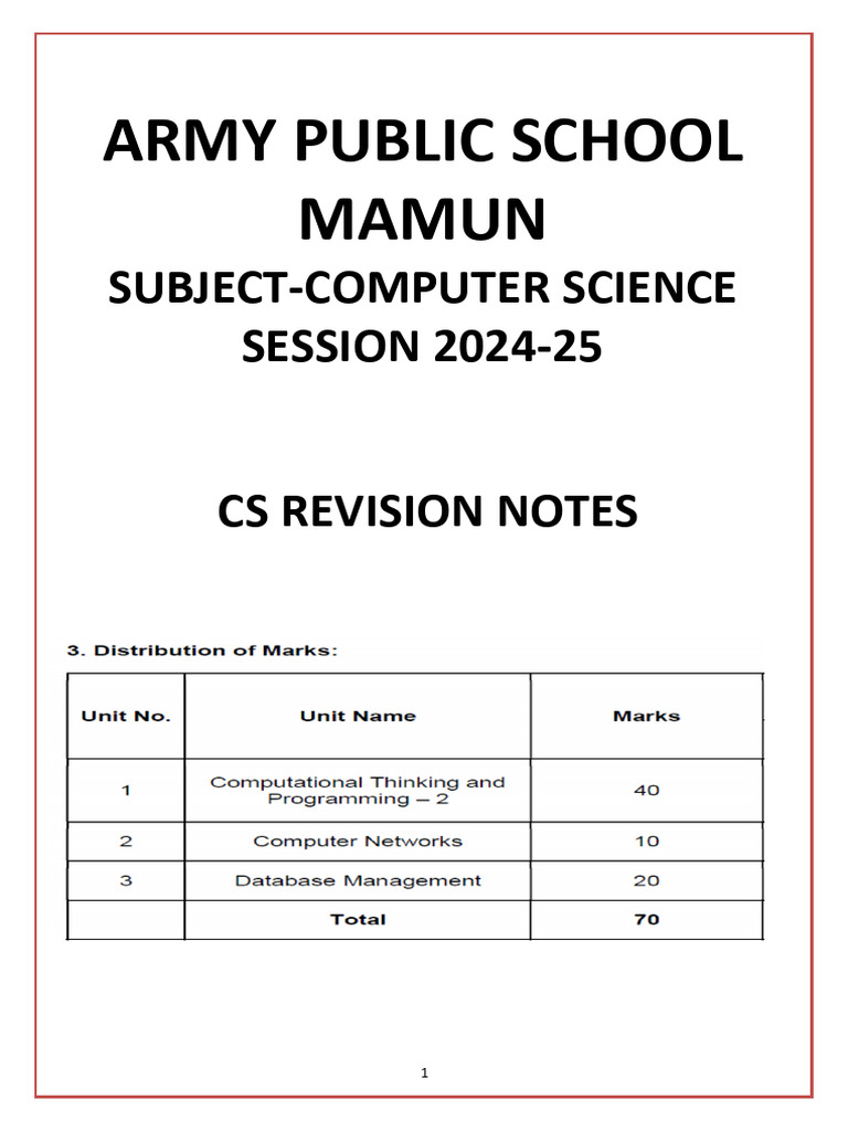 Computer Science Revision Notes 2024-25 | PDF | Computer Network | Data ...