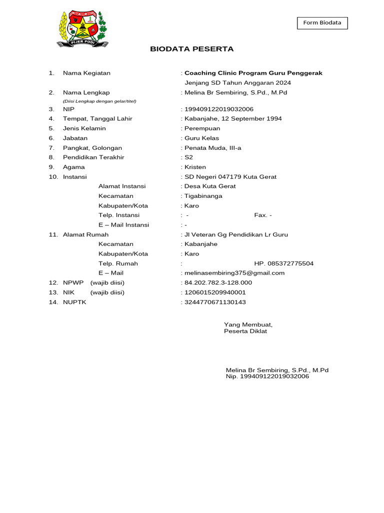 biodata peserta diklat | PDF