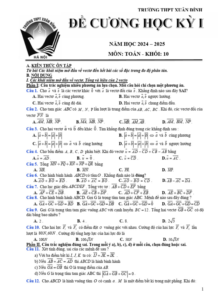 De Cuong Cuoi Hoc Ky 1 Toan 10 Nam 2024 2025 Truong Thpt Xuan Dinh Ha Noi | PDF