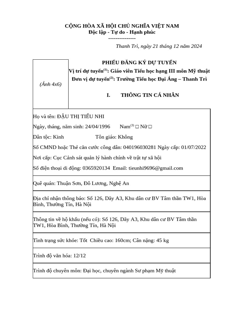 Mau Phieu Dang Ky Du Tuyen | PDF