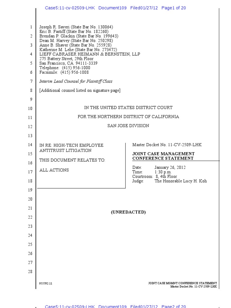 Joint Case Management Statement 2012 | PDF | Law