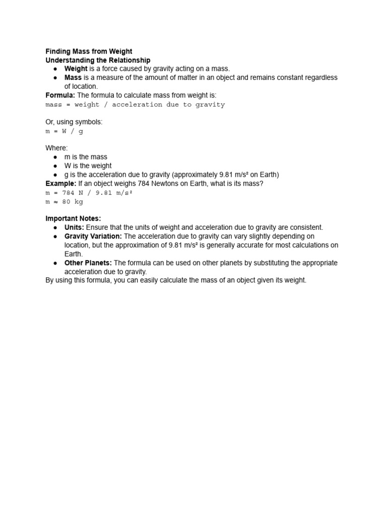 If Weight Is Given How To Find Mass | PDF