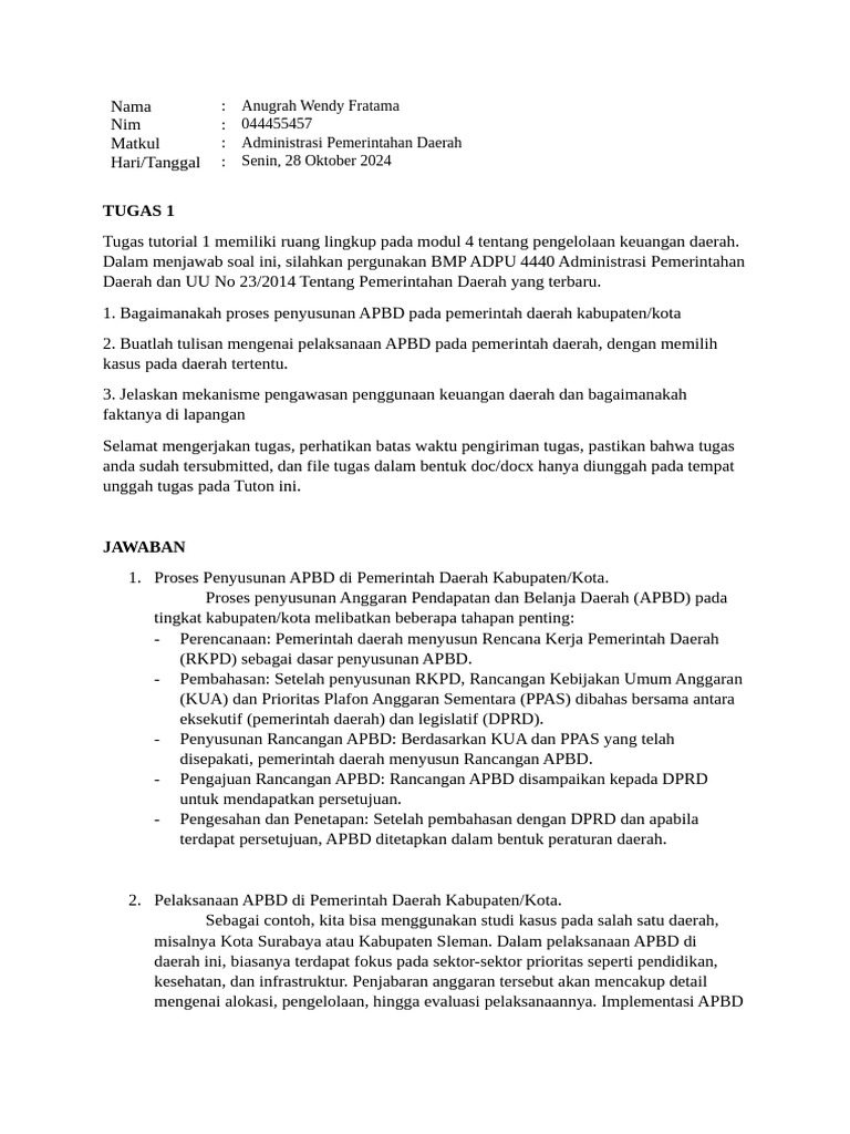 Tugas 1 Administrasi Pemerintahan Daerah | PDF