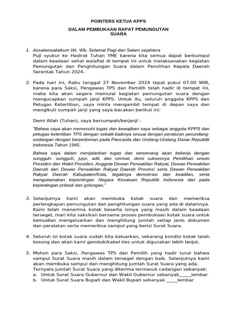 Pointer Ketua KPPS Pilkada Serentak 2024 | PDF