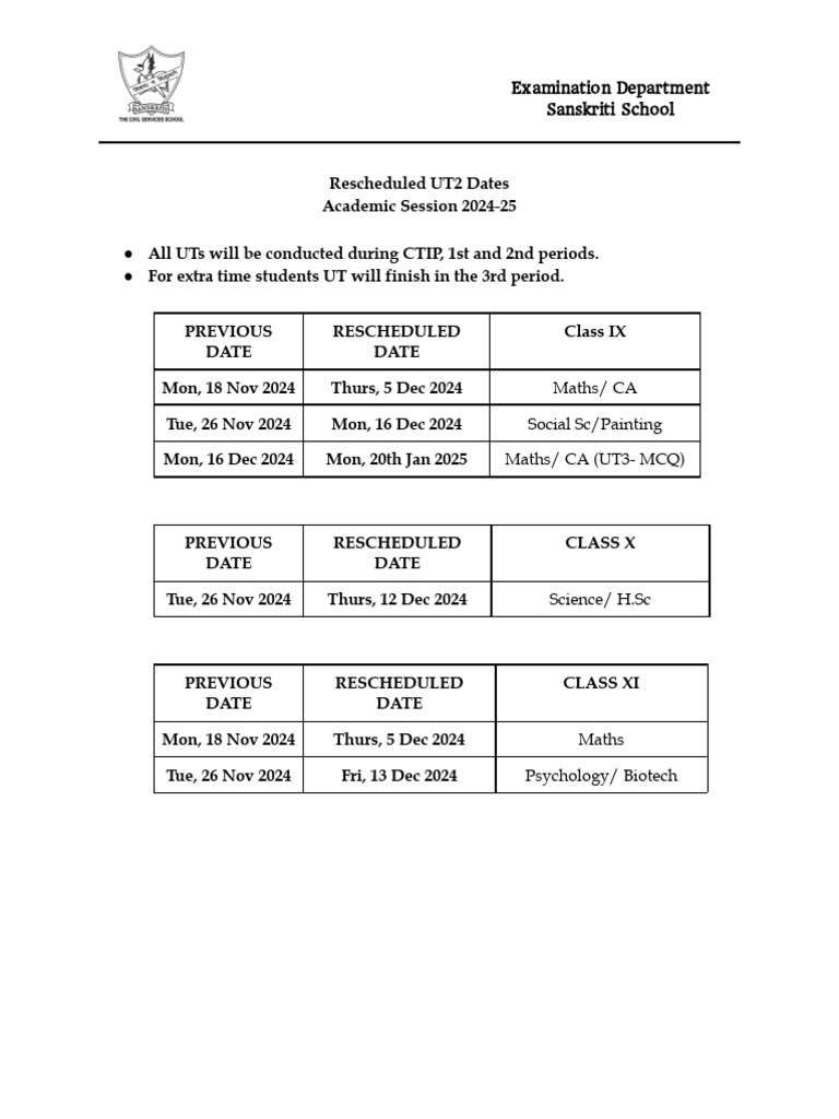 Rescheduled UT2 Dates for 2024-25 | PDF