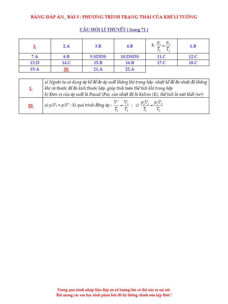 Đáp Án Bài 5 PHƯƠNG TRÌNH TR NG THÁI C A KHÍ LÍ TƯ NG | PDF
